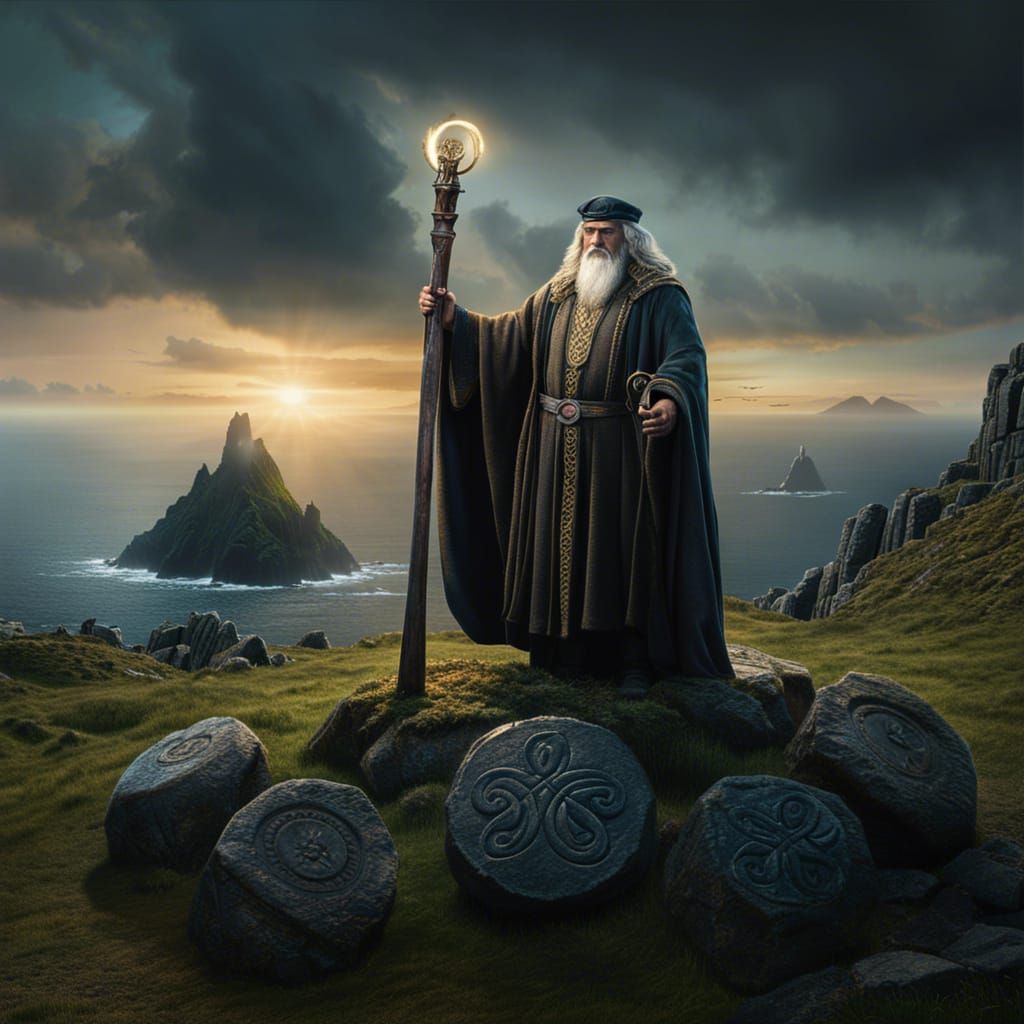 tall celtic Merlin performing magic in an ancient stone circle on ...