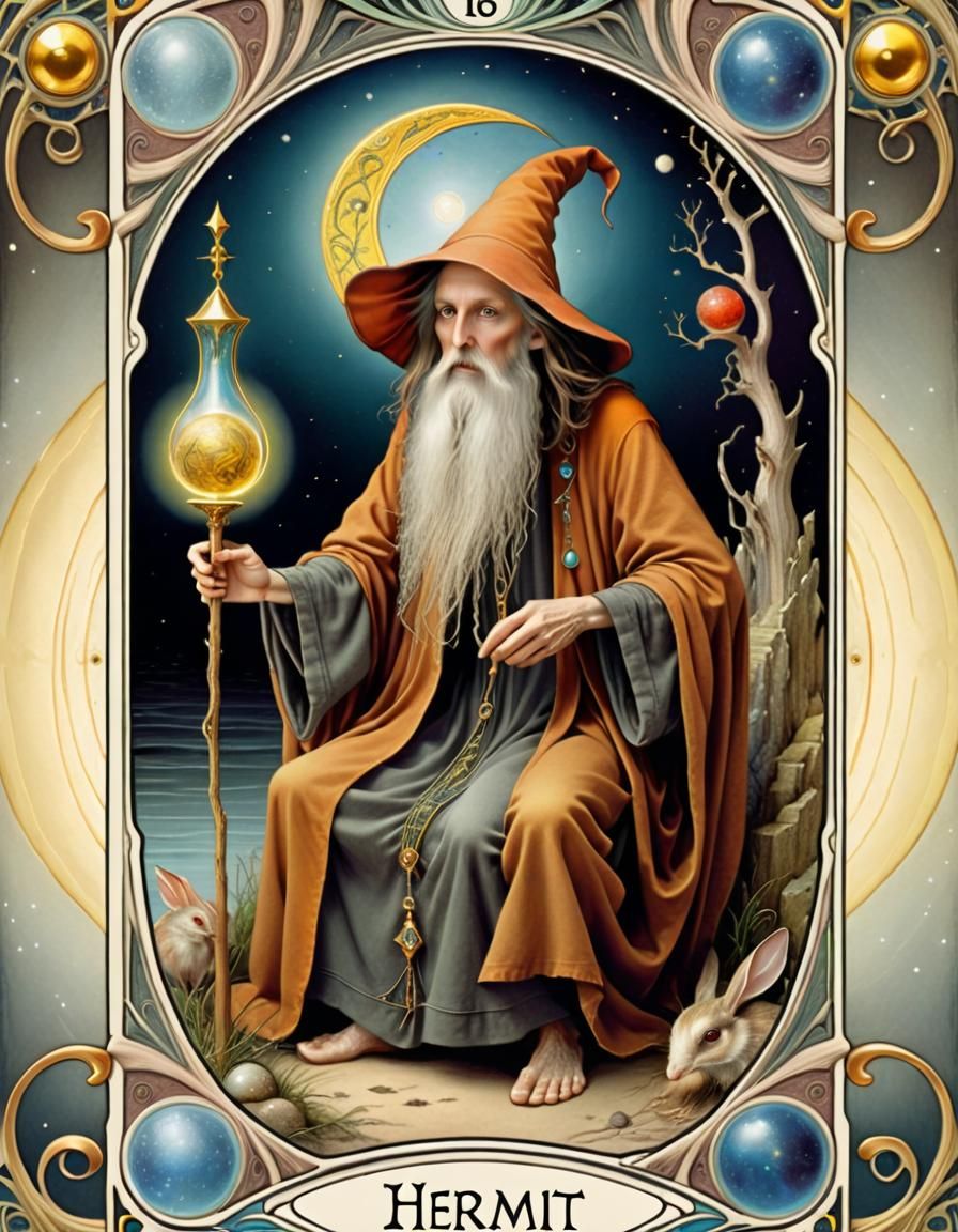 (The Hermit:1.5): (Tarot card:1.8): ornate border: hyper detailed ...