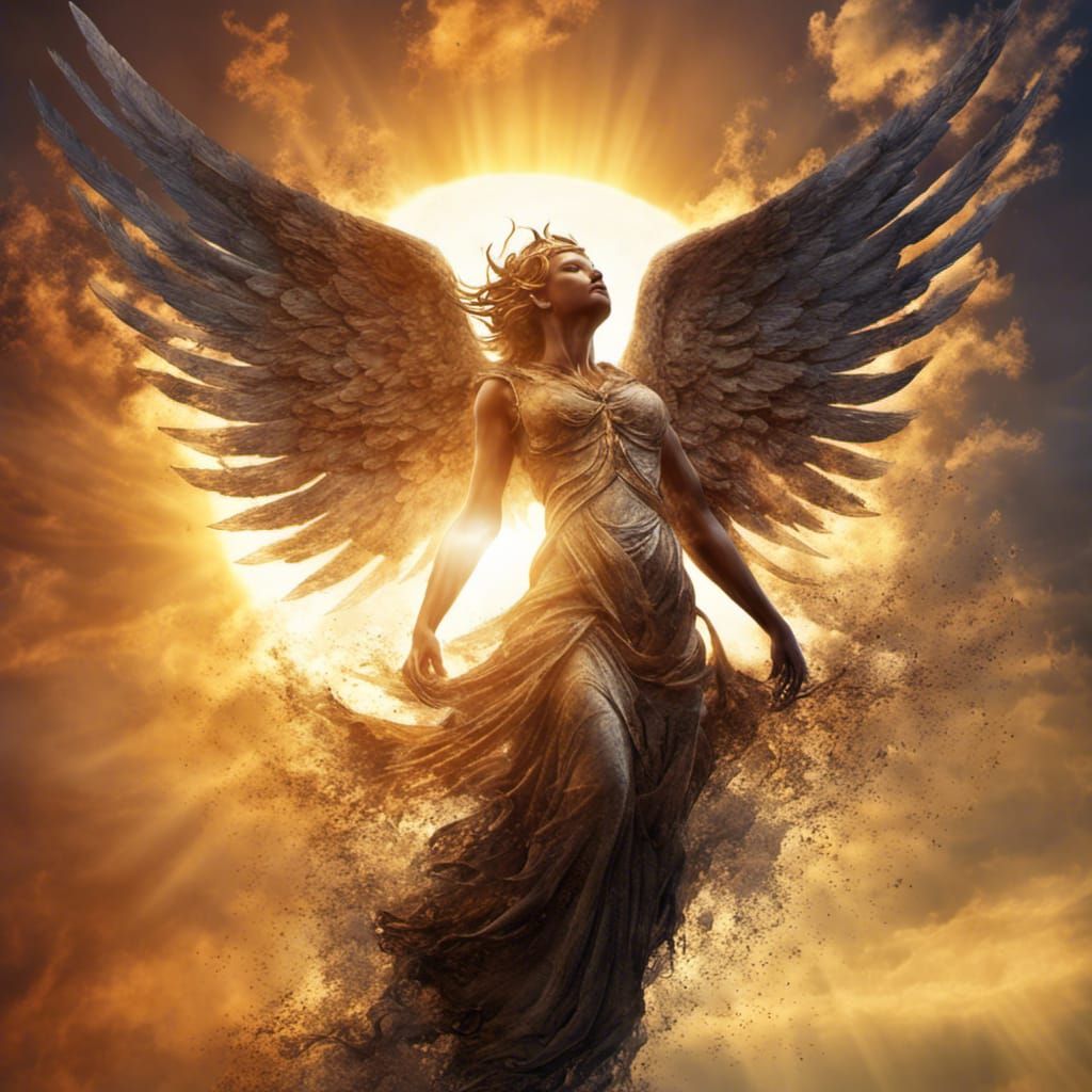 highly detailed angel flying upward in front of the sun with its wings ...