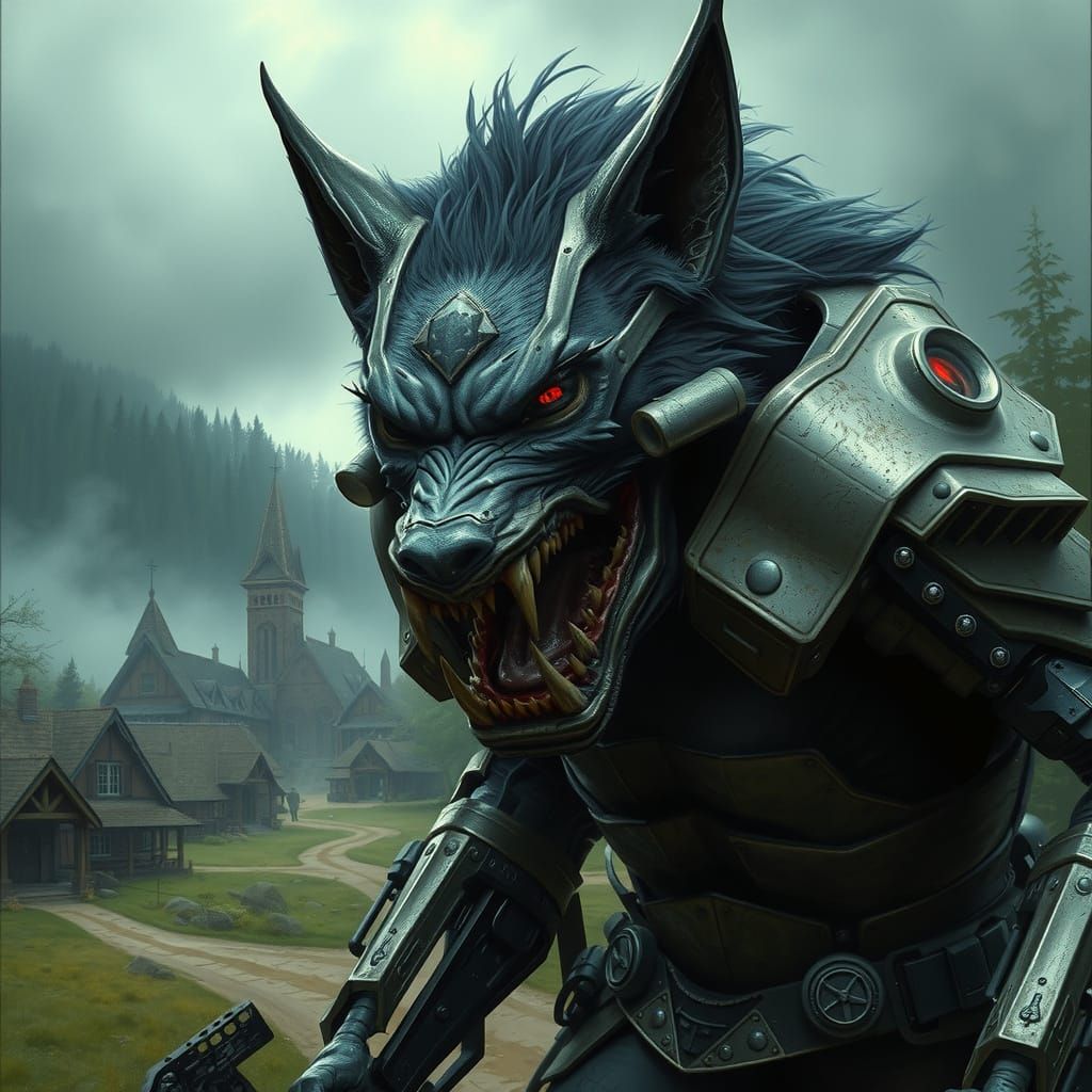 Werewolf Cyborg Advances on Village in Science Fic... - AI Art