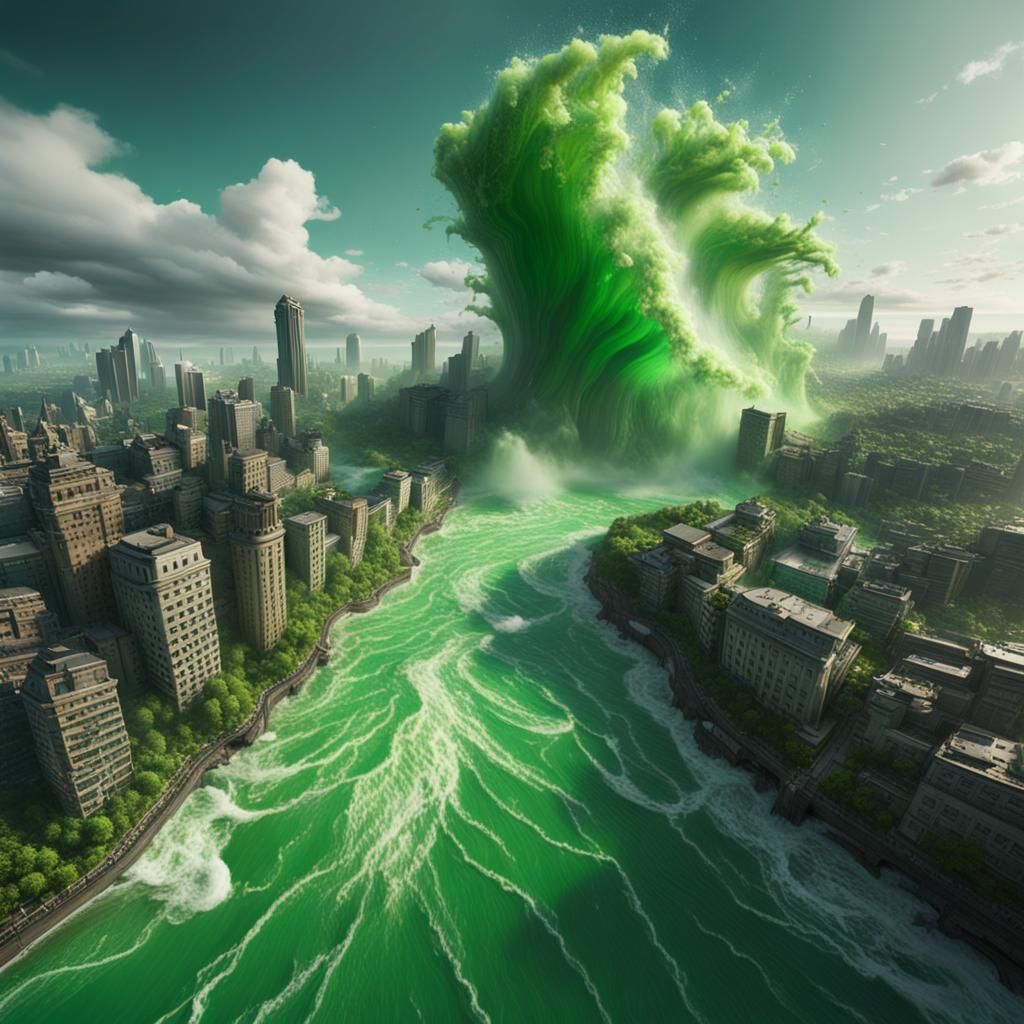 green tsunami crashing over a green city washing it all away - AI Generated Artwork - NightCafe ...