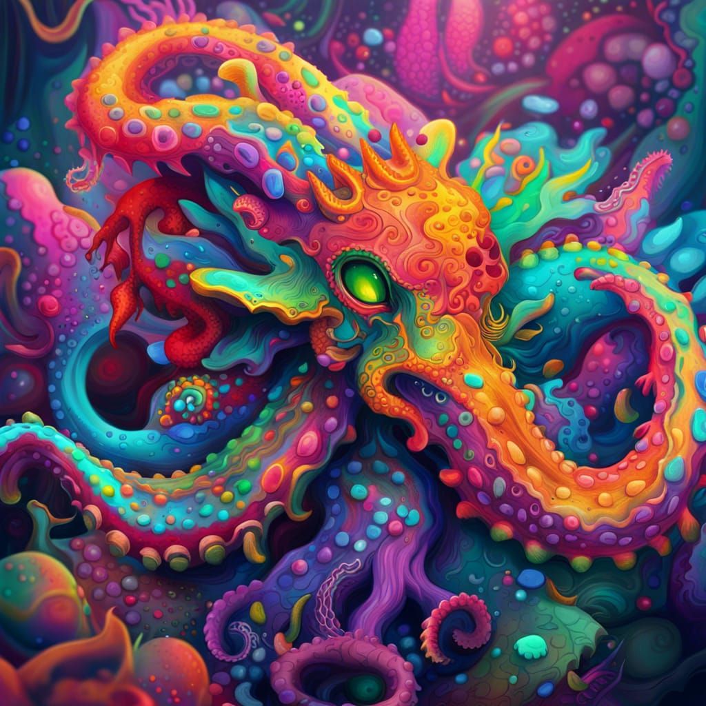 Psychedelic dragon octopus hybrid in a vibrant reef, intricate ...