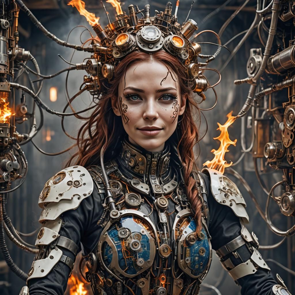 A steampunk humanoid cyborg girl made of circuits, gears, cables etc ...