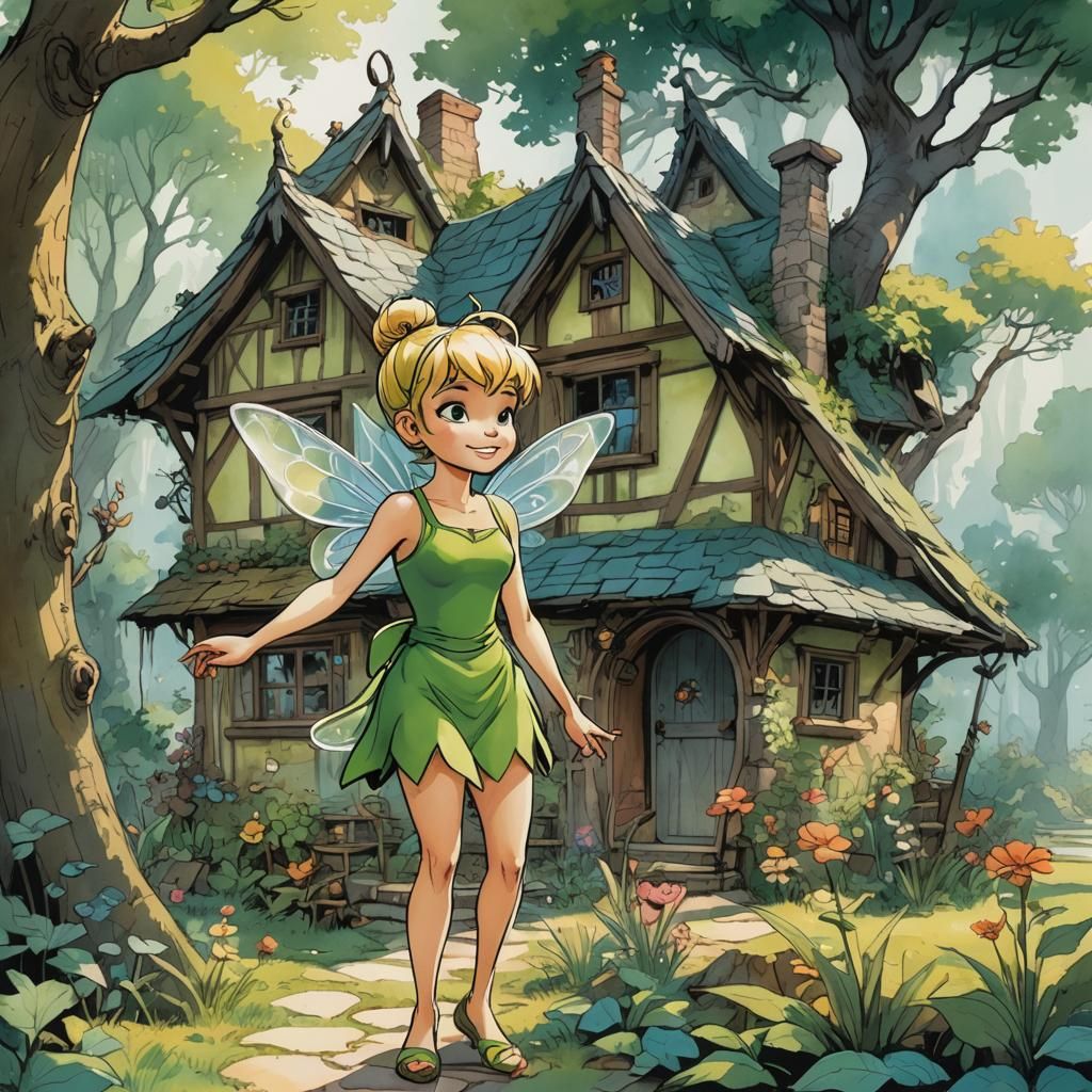 Tinkerbell's cottage ; Acrylic and watercolor, thick lines. Adult ...