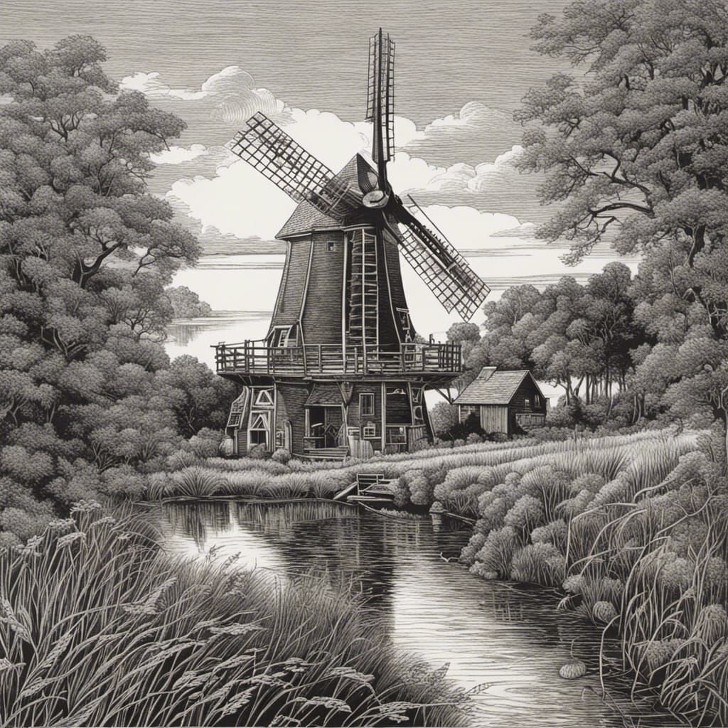 Windmill Wood Engraving - AI Generated Artwork - NightCafe Creator