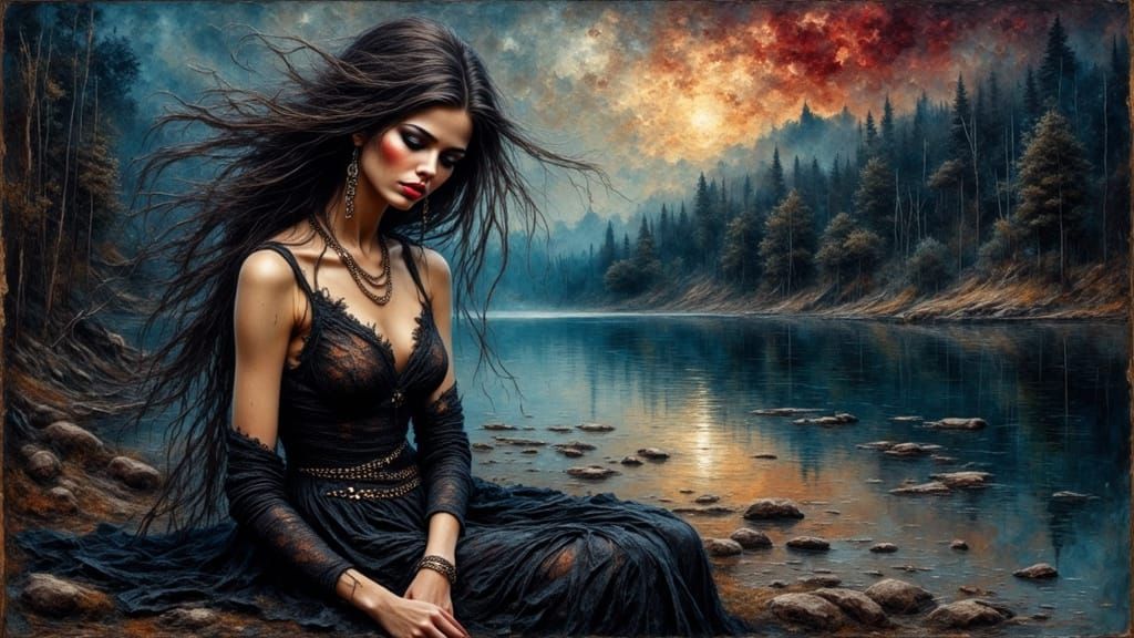 Double expose: lake night landscape and Hyperdetailed sensual oil ...