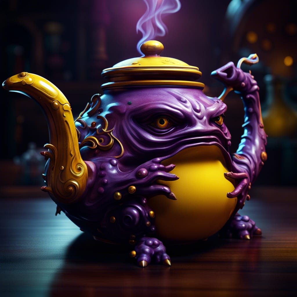A teapot shaped like a mischievous creature, a masterpiece, 8k ...