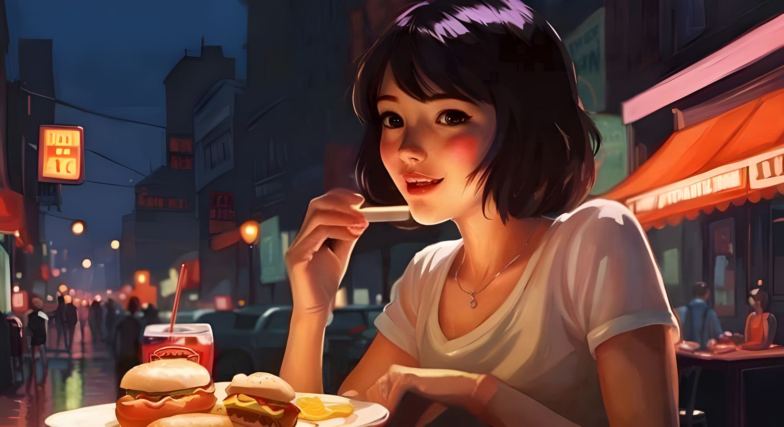 Cute girl eating fast food and having a good time - AI Generated ...