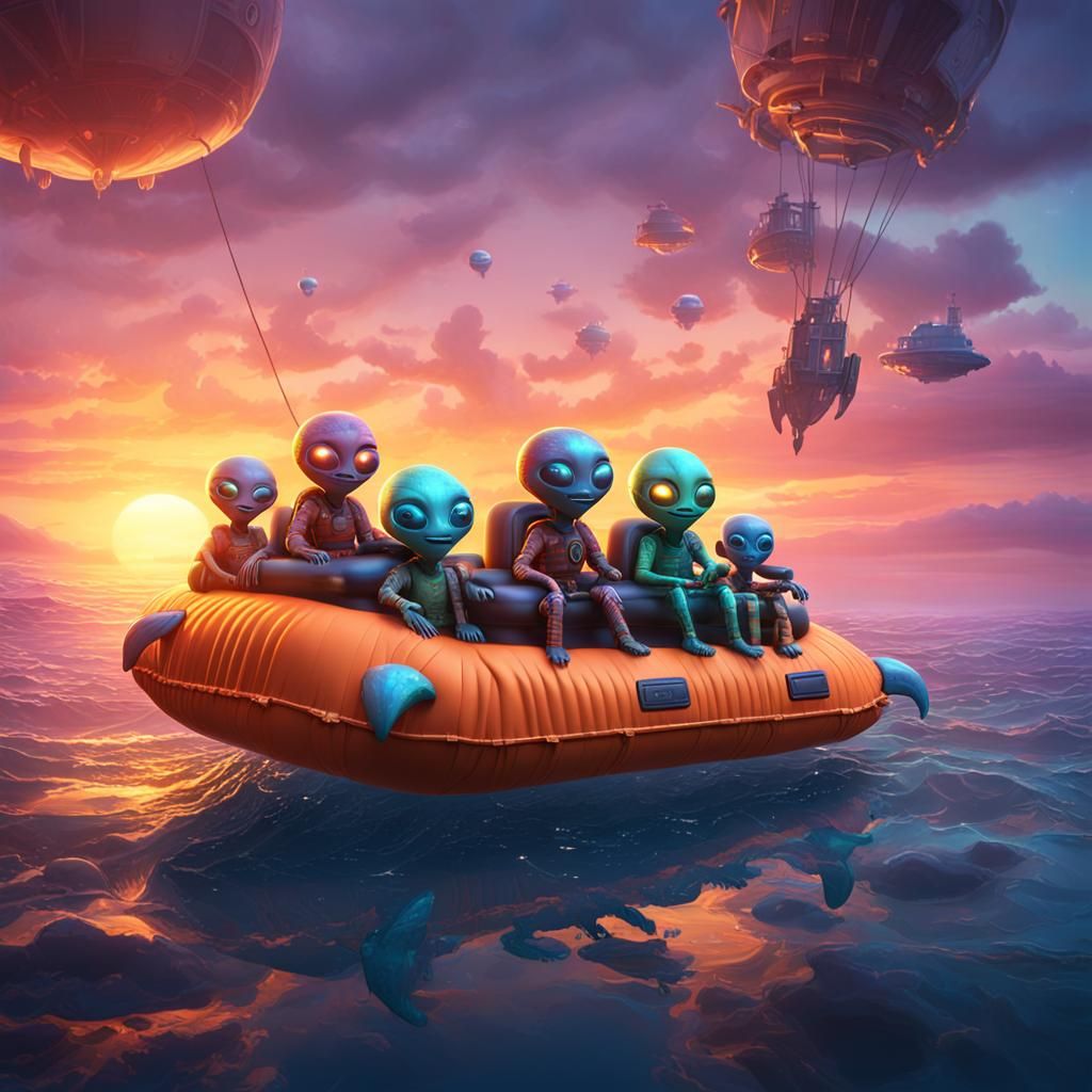 Cute aliens are sitting inside an inflatable life boat - AI Generated ...