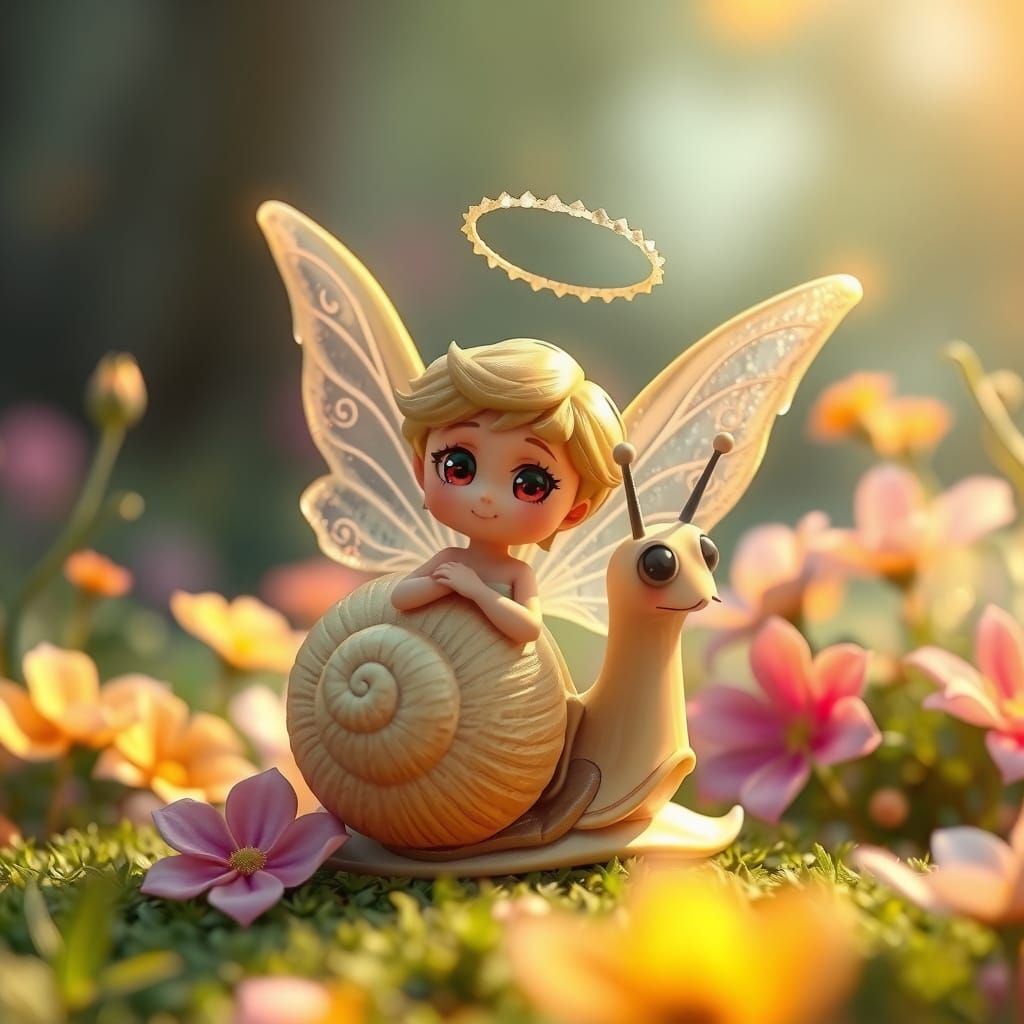 Whimsical 3D Anime Snail Angel in Vibrant Garden - AI Art