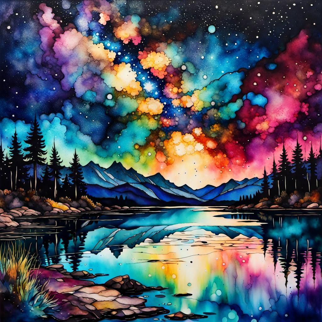 Alcohol ink painting capturing a star laden, Milky Way night sky, lake ...