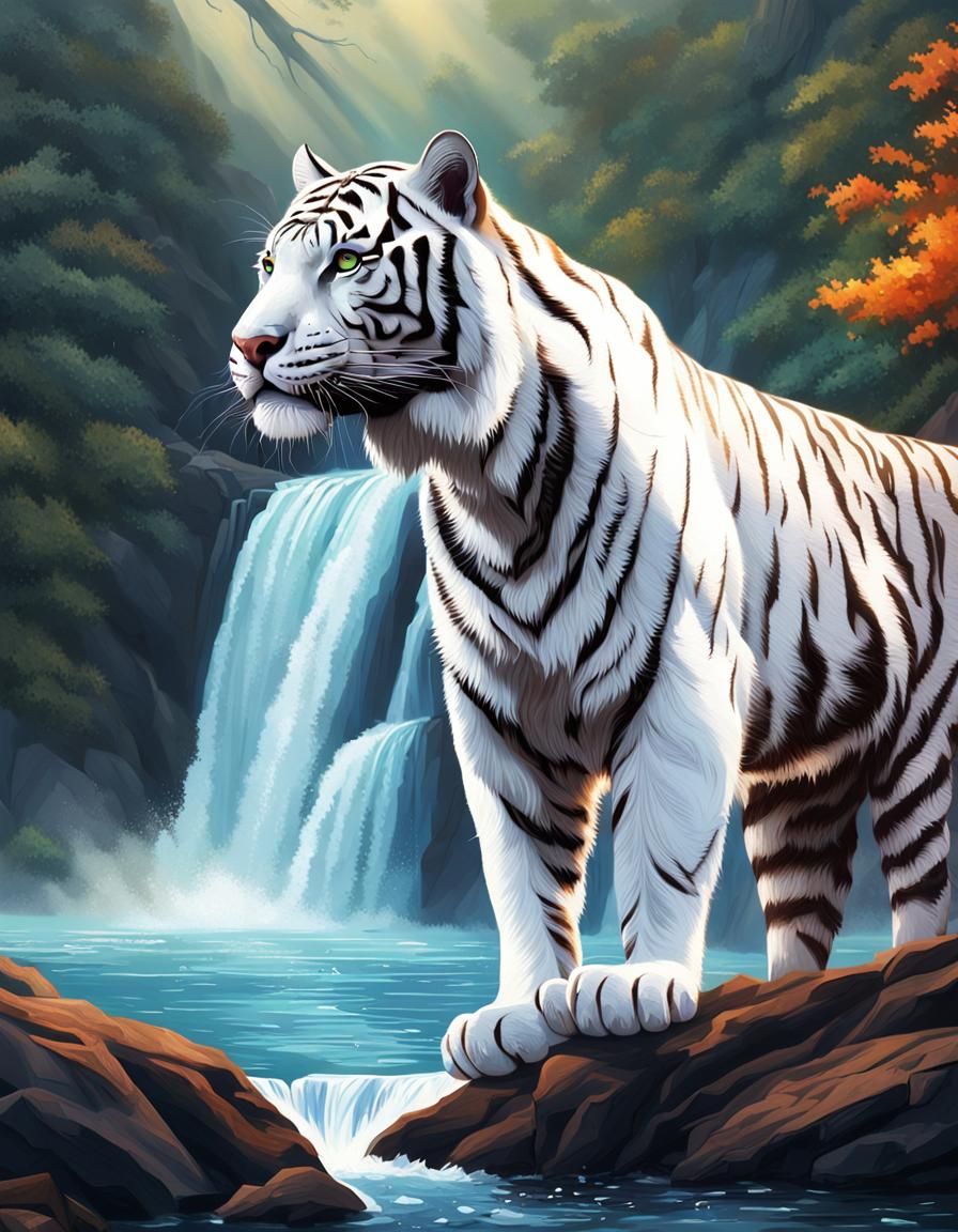 White Tiger and Waterfall 1 - AI Generated Artwork - NightCafe Creator