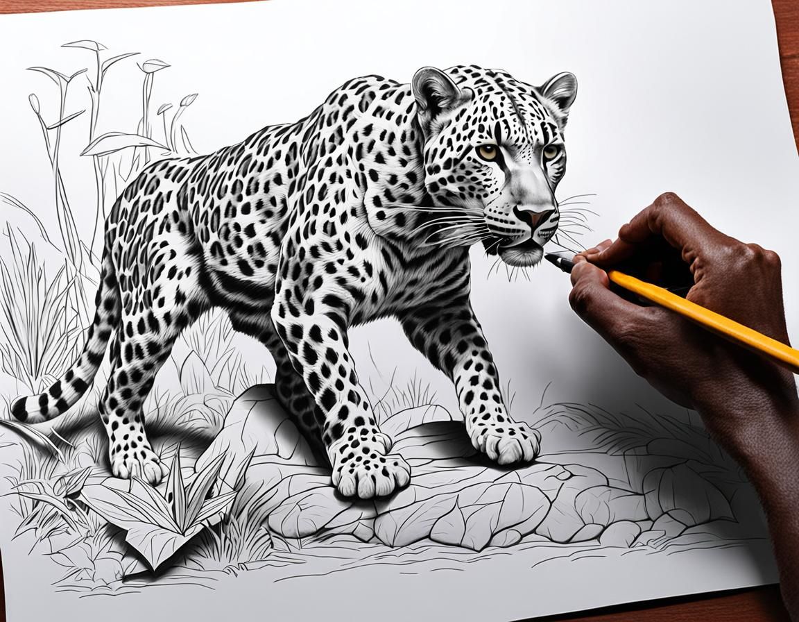 A 3d relief sketch of a leopard emerging from the jungle, being drawn ...