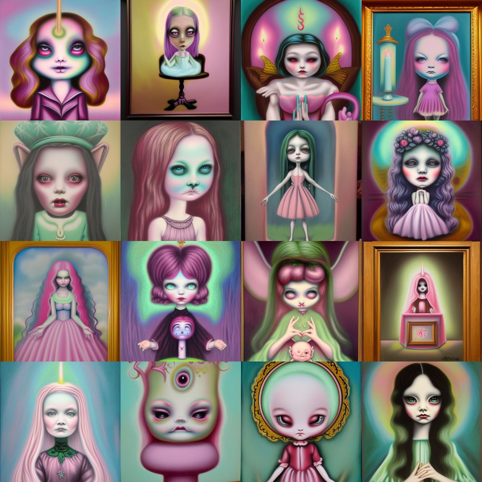 a painting in pastel colors in the style of Mark Ryden of a Satanic ...