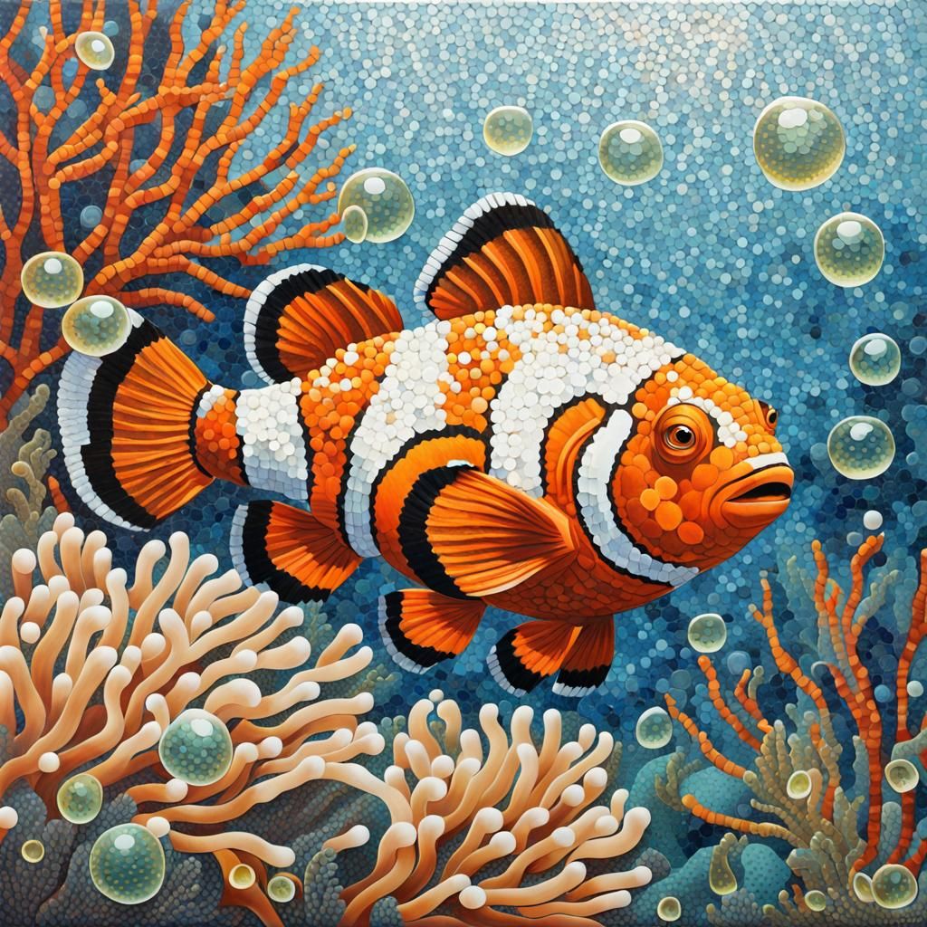 detailed mosaic painting of a clownfish in the coral reef, bubbles ...