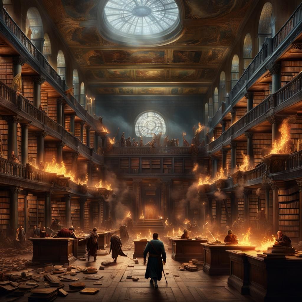 Grand illustrations of ancient libraries like the Library of Alexandria ...