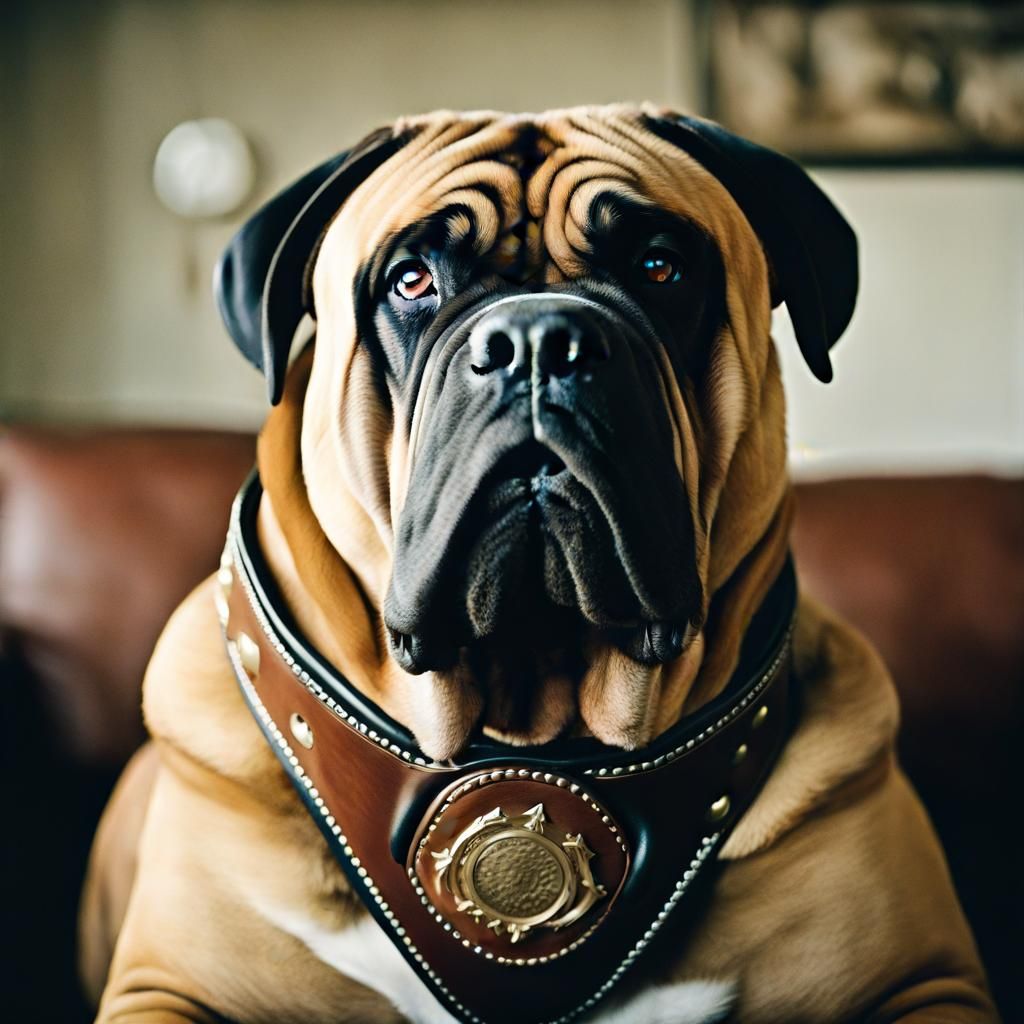 An Obese champion Boxing Bull_Mastiff, wearing boxing gloves, in the ...