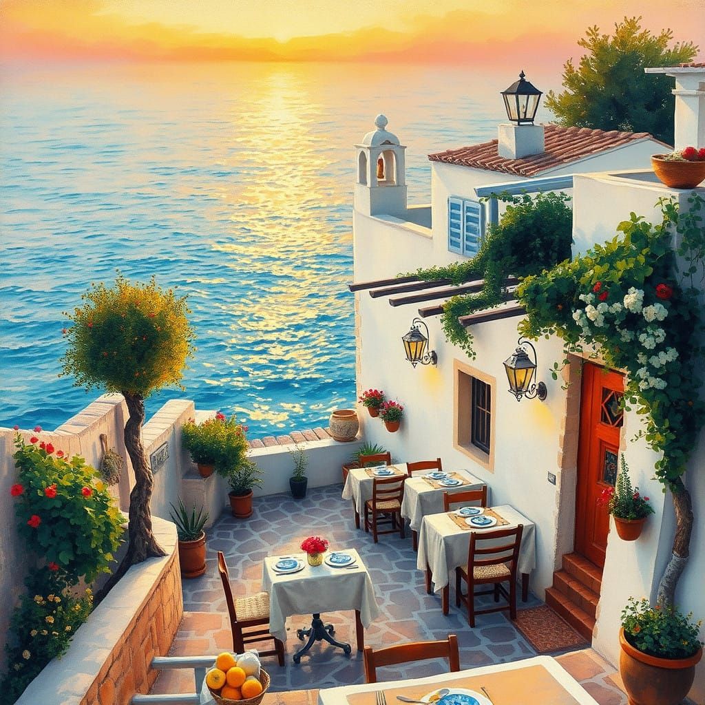 Ethereal Greek Taverna Scene at Sunset - AI Art
