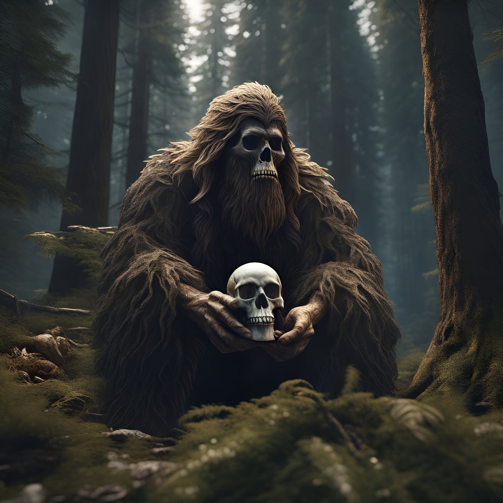 A Sasquatch in the forest holding a human skull contemplating life, 64k ...