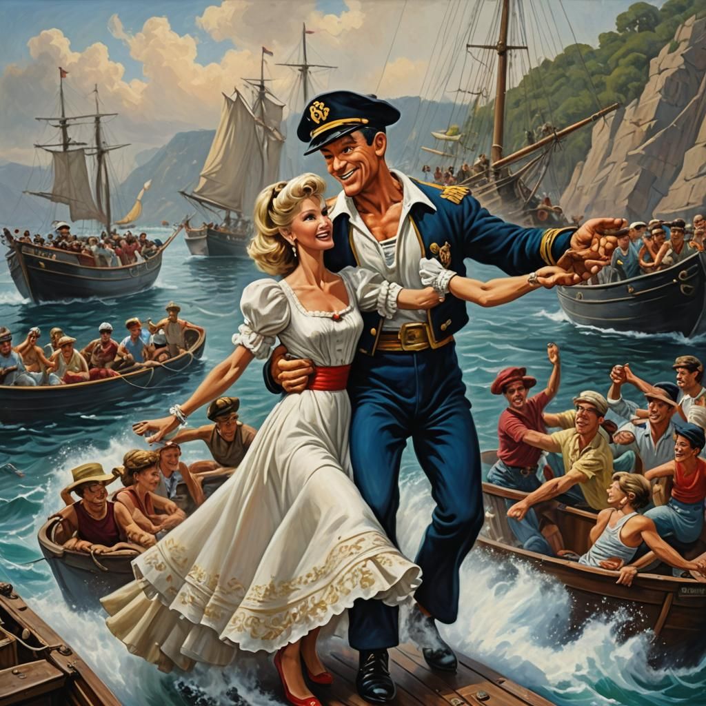 Popeye the sailor on a veil boat dancing with Olivia Newton John - AI ...