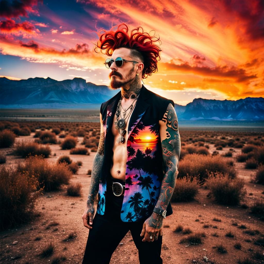 Boho grunge rockabilly dressed man with wild, untamed hair and tattoos ...