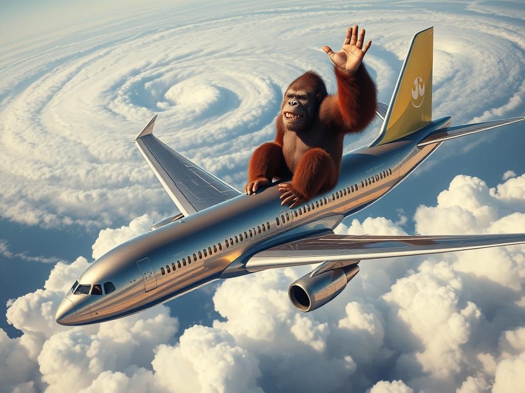 "An ape sit on an airplane body which flying above cloud. waving one of ...