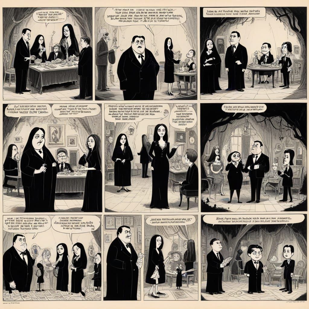 newspaper cartoon print of the Addams family