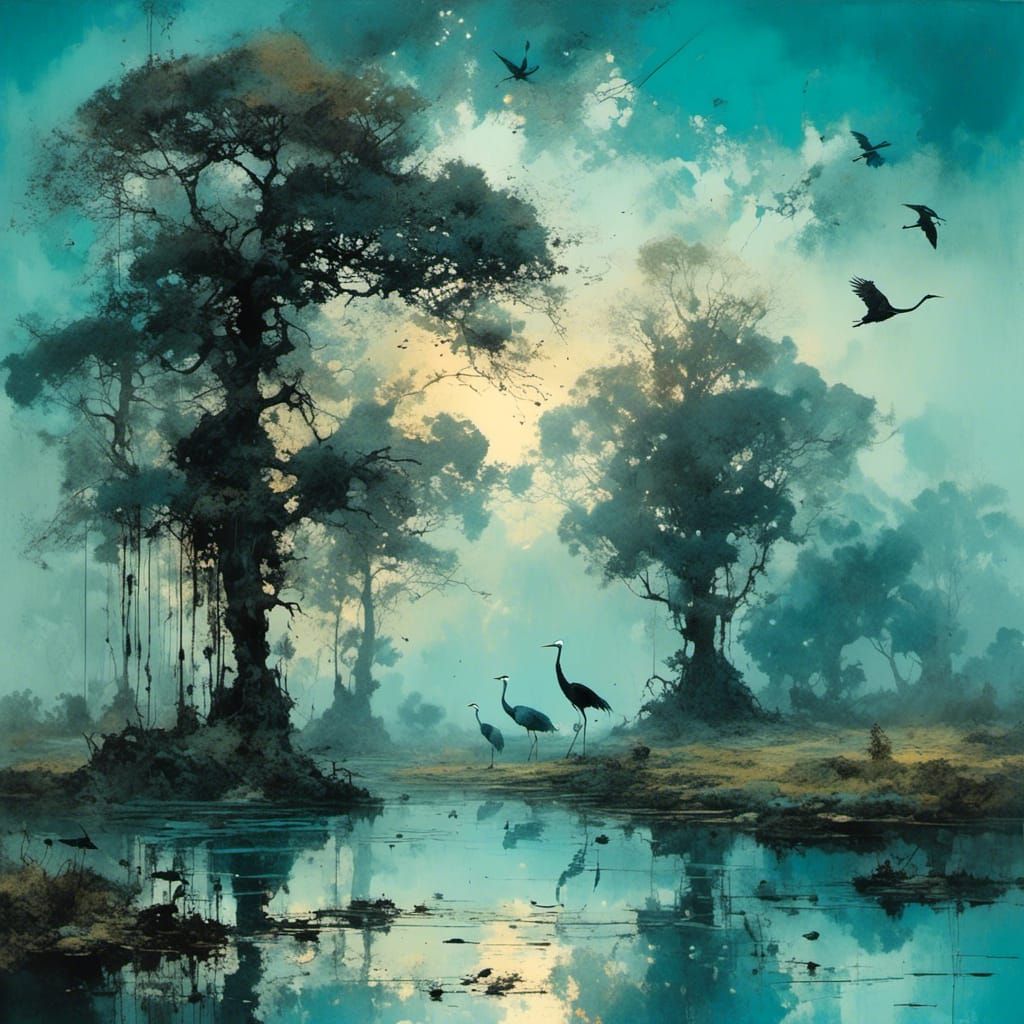 Swamp landscape with ancient mossy trees that shimmer in turquoise ...