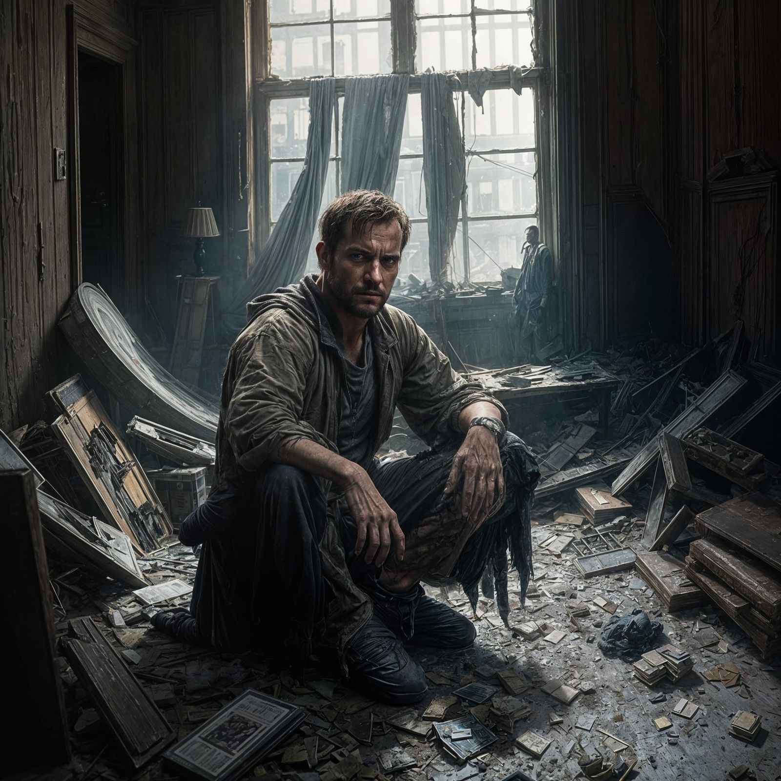Tormented Man Amidst a Post-Apocalyptic Ruin - AI Art