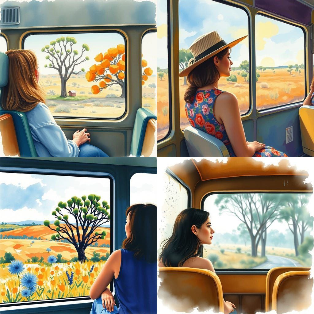 Peaceful Australian Countryside Bus Ride Under Euc... - AI Art
