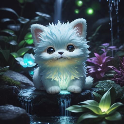 adorable cute chibi baby furry Puppy with a bioluminescent Waterfall in ...
