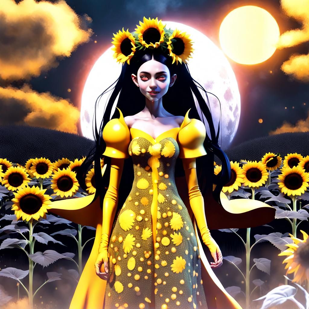 A smiling alien girl with a long sunflower gown - AI Generated Artwork ...