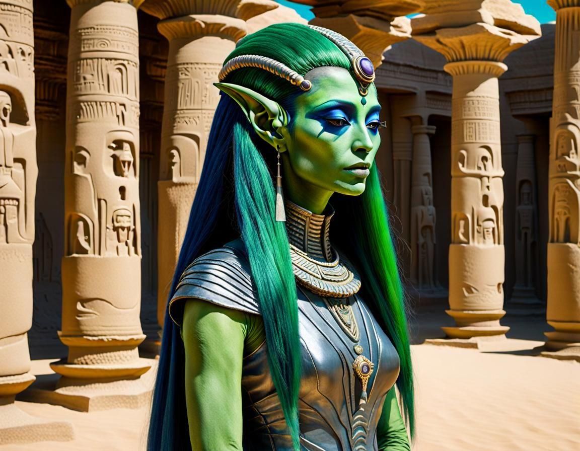 The green-skinned alien priestess is standing in front of her temple ...