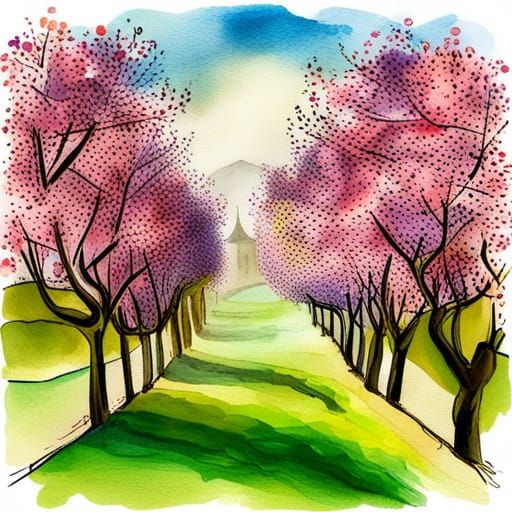 an avenue of cherry trees in full bloom in the wonderful ink and watercolor style of Chagall ...