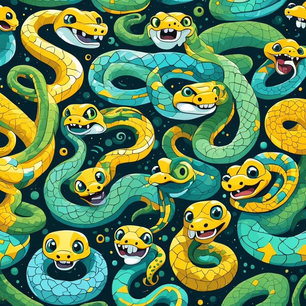 cartoon snakes,blue green,yellow ,cute, flat pattern, artistic black ...