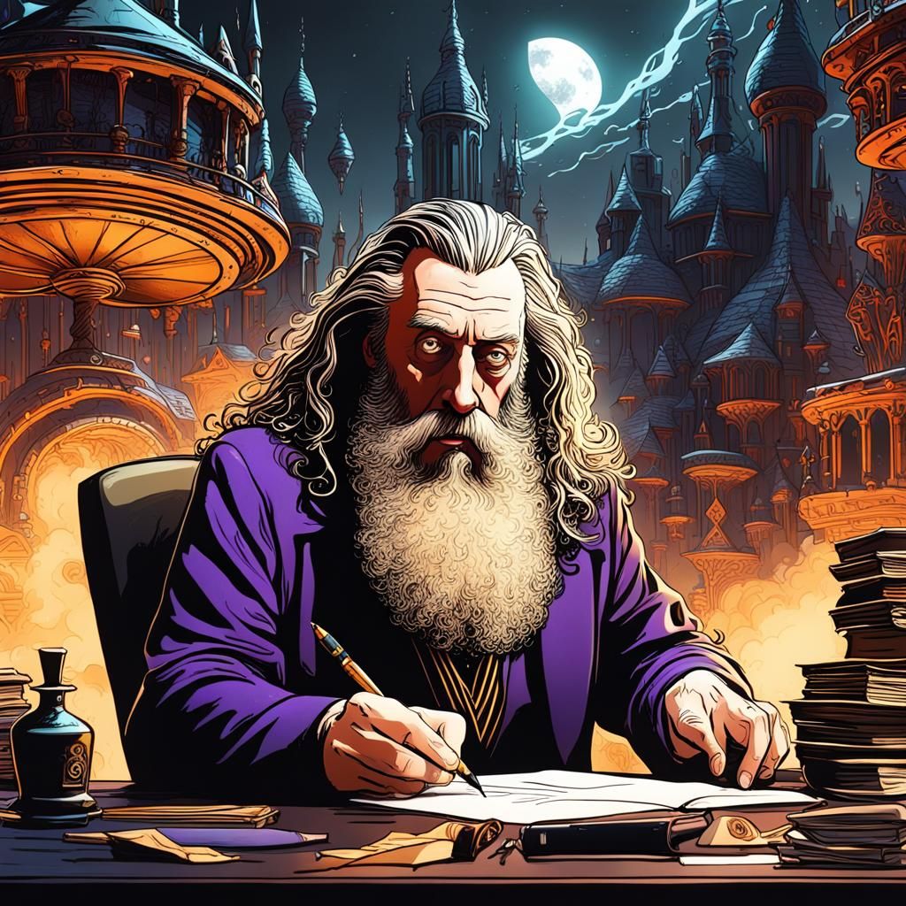 Alan Moore writing a book - AI Generated Artwork - NightCafe Creator