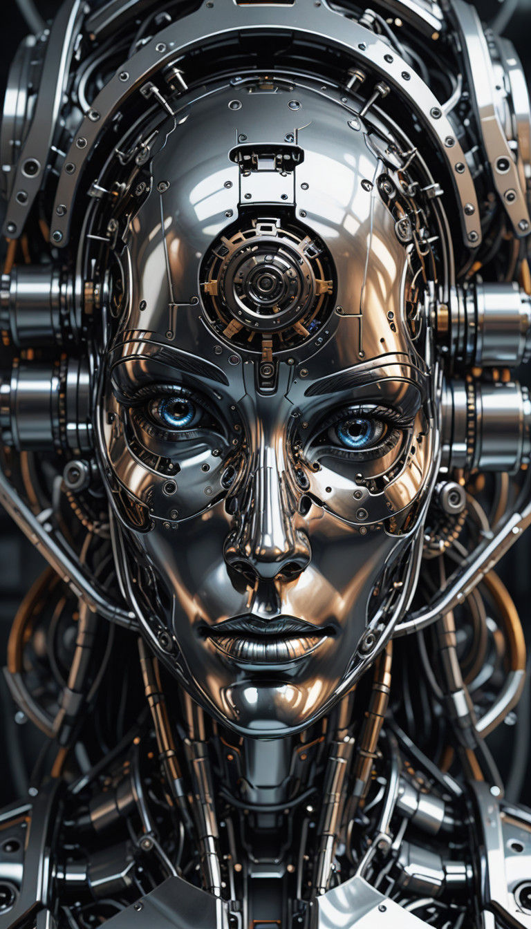 polished metal humanoid face, reflecting a transition from less to more