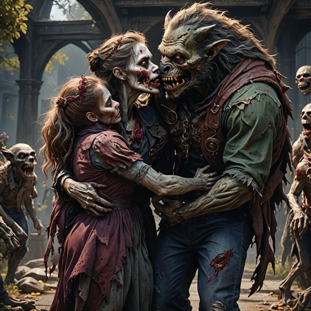 A zombie mom girl kisses a zomby werewolf father, they are hugging ...