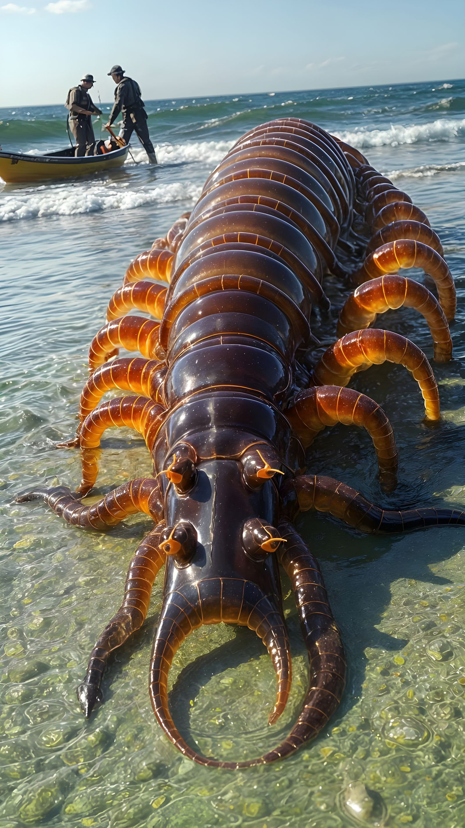"A close-up of a sea creature resembling 15 feet long, a massive ...
