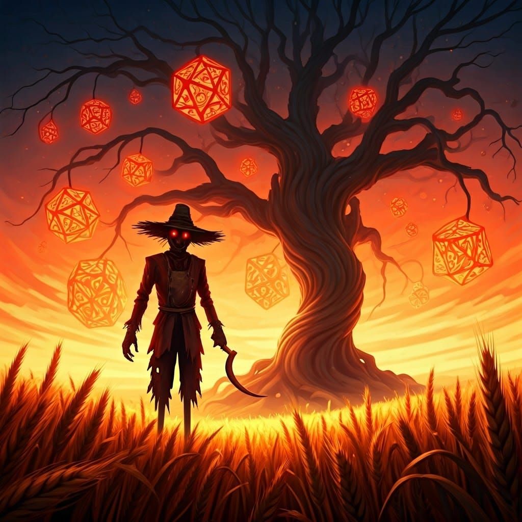 Menacing Scarecrow in Crimson Attire, Golden Wheat... - AI Art