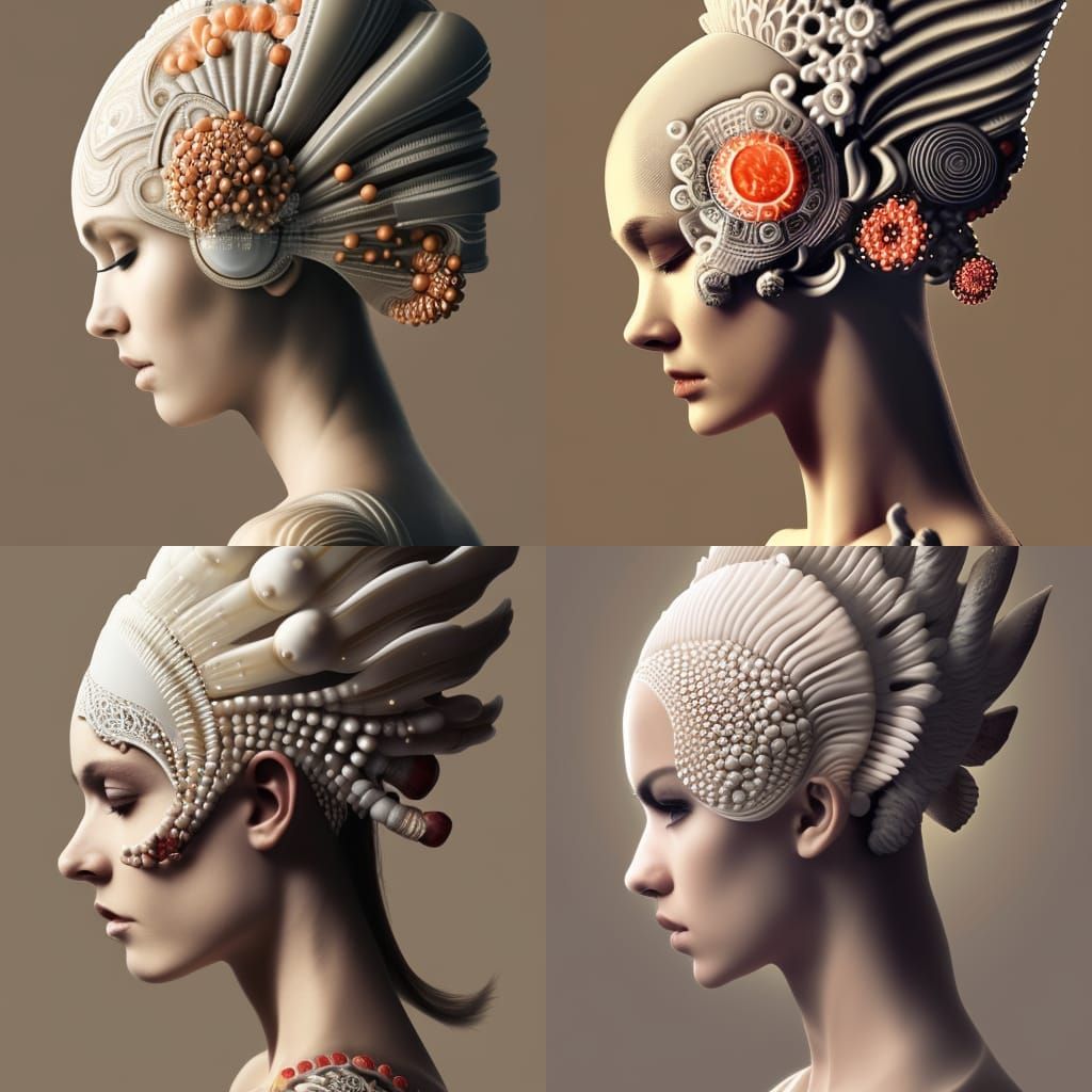 side portrait, futuristic shell and coral headpiece on woman made of ...