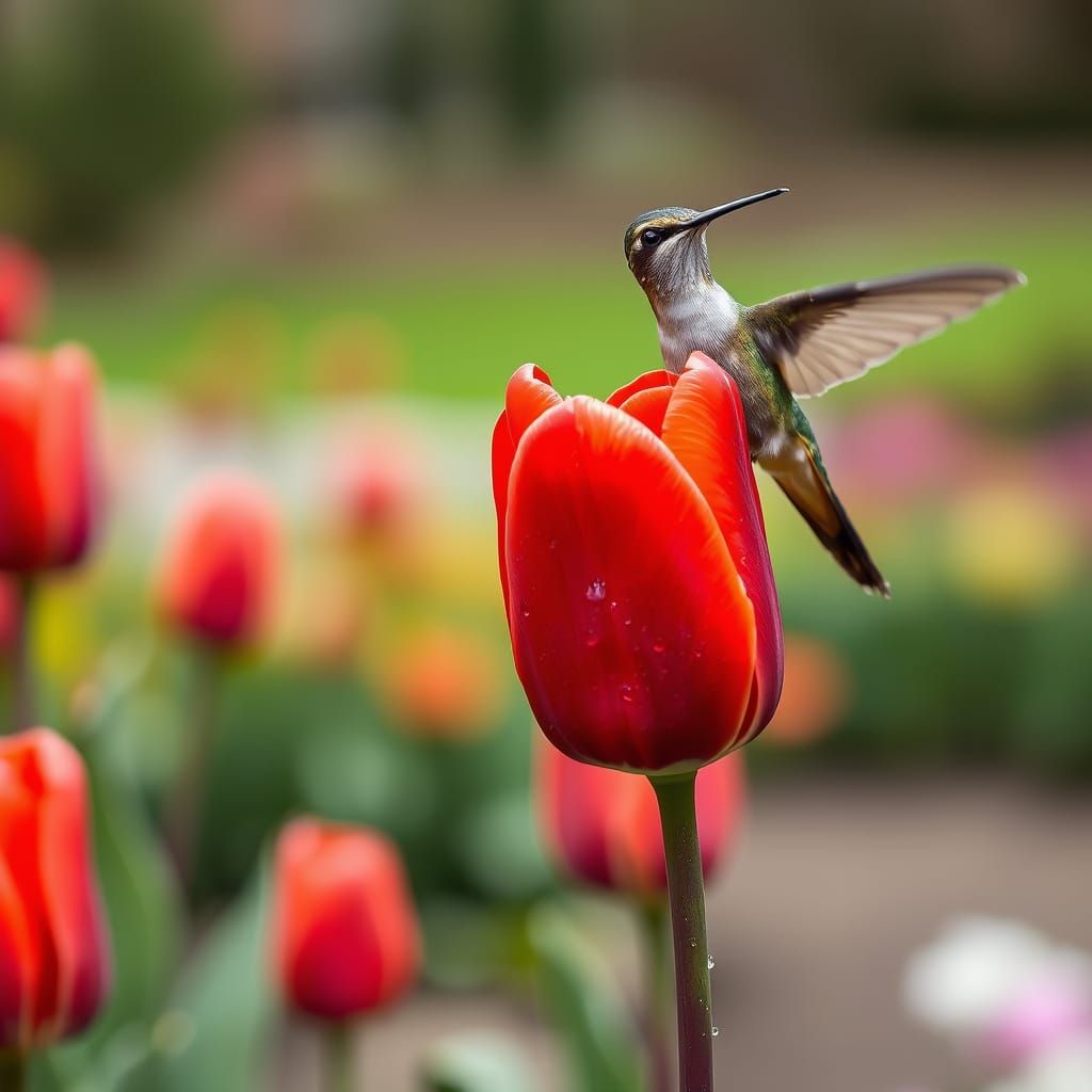 A hummingbird sits on a red tulip, capturing nature's elegance and ...