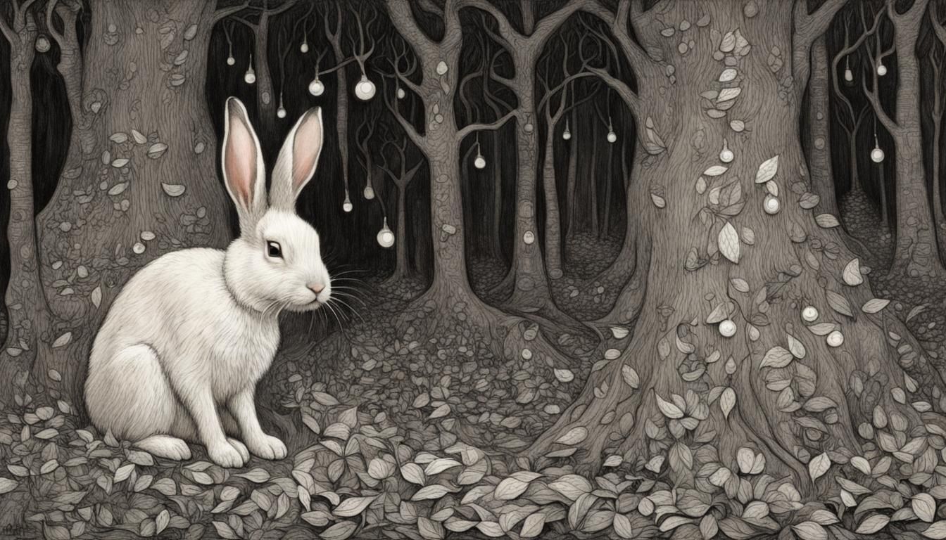 Rabbit talks to demons in the woods. A cave has a lantern inside. The ...