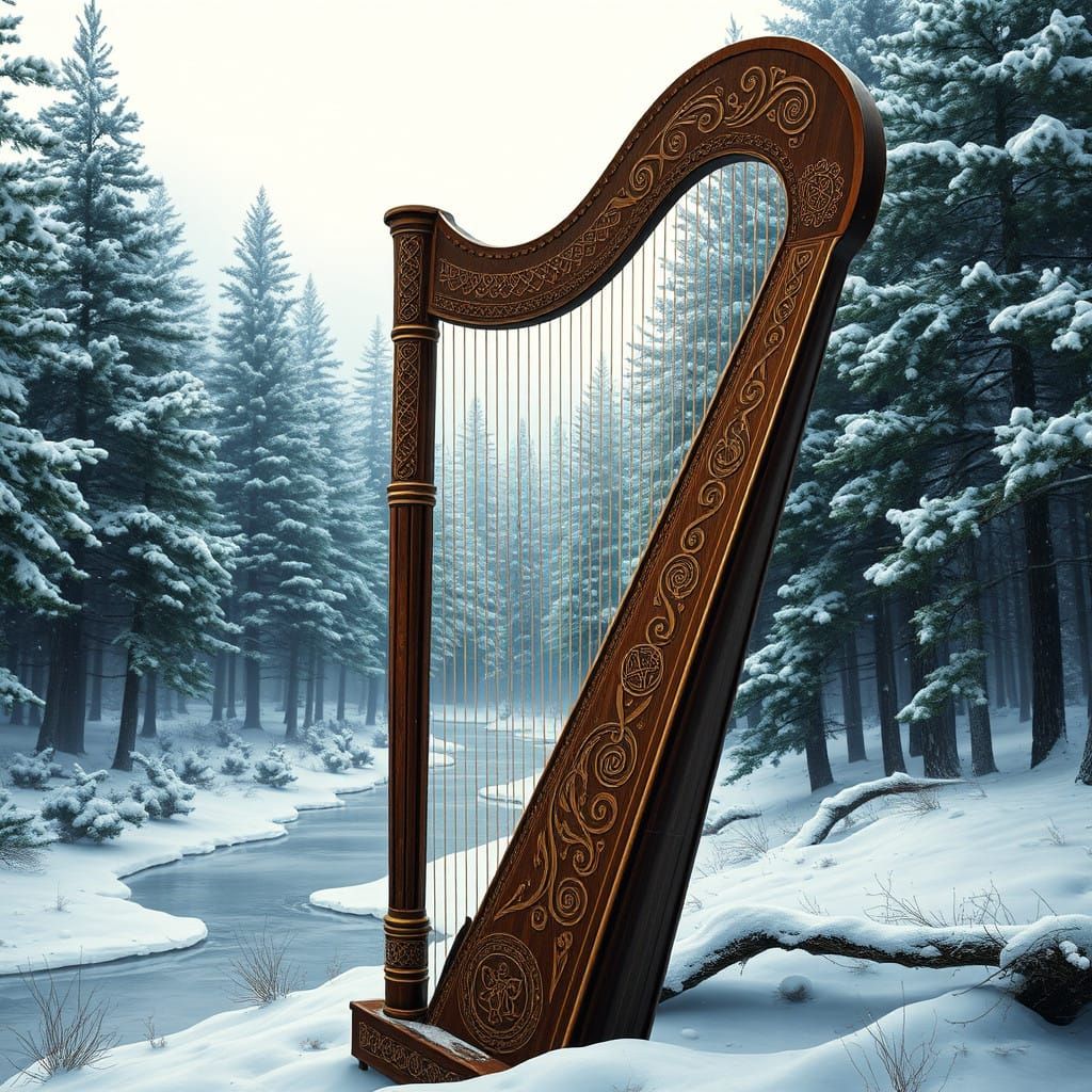 Ancient Irish Harp in Serene Winter Forest - AI Art