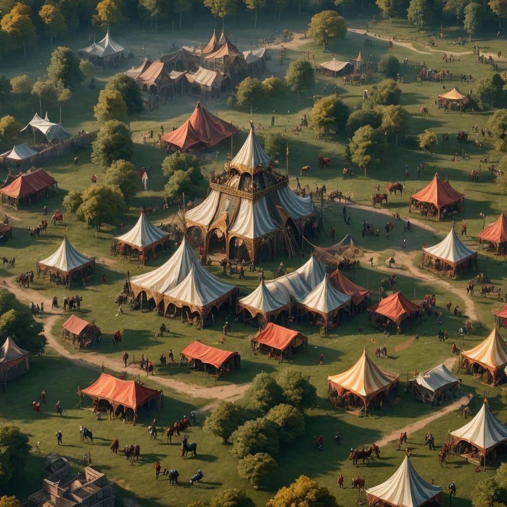 field of Renaissance tent pavilions, soldiers and horses detailed matte ...