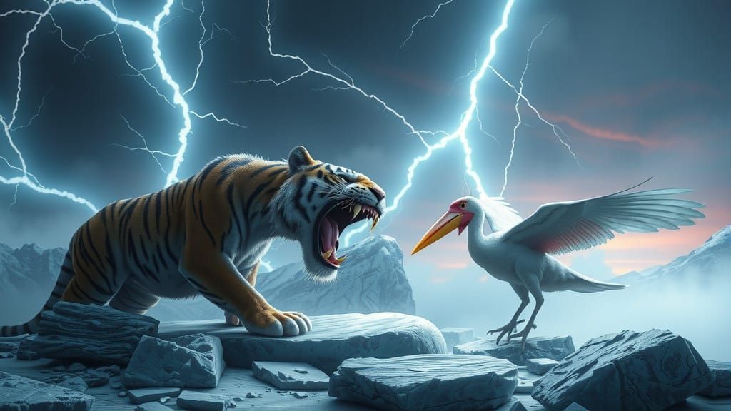 Sabertooth tiger eating a dodo bird on a glacier during a lightning storm
