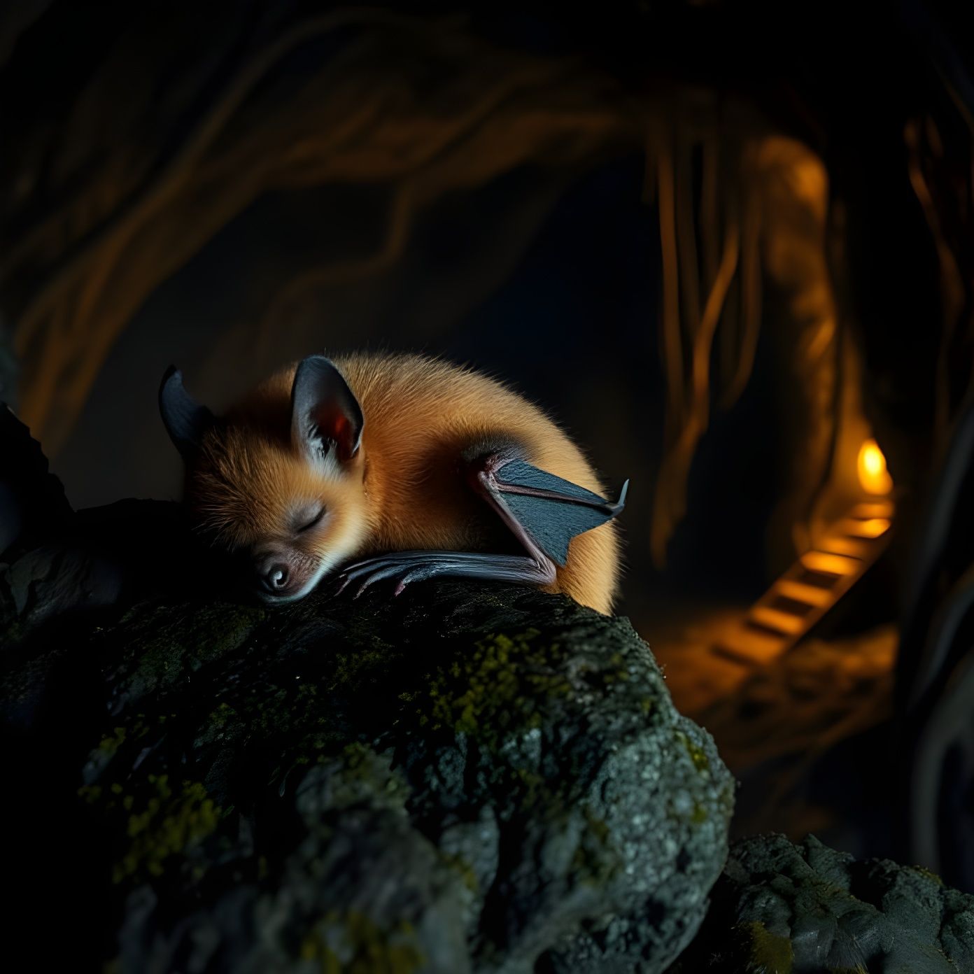 Baby bat nap time! 🦇 - Serene Furry Bat in Mystical Cave