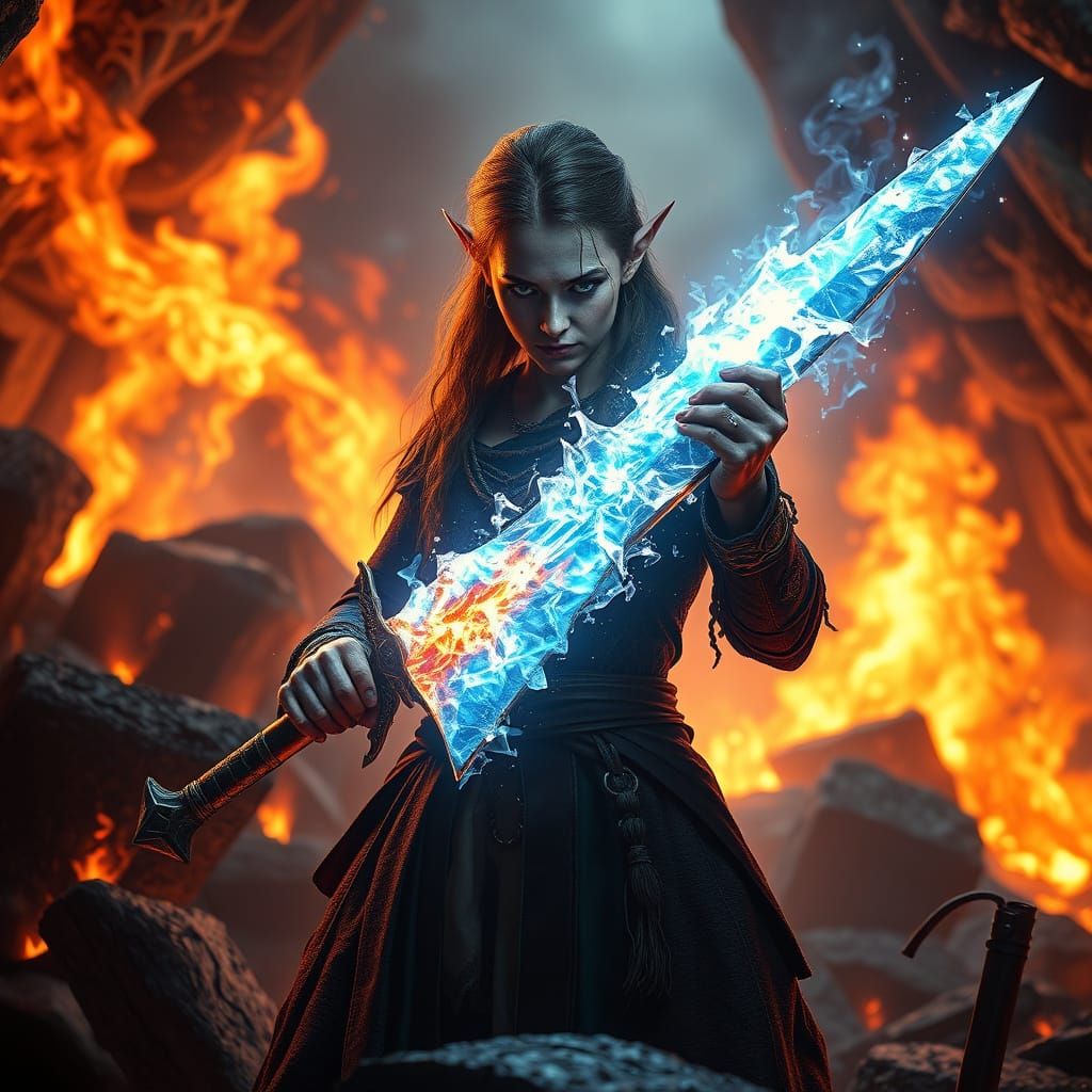 Amidst the rumbling depths of a cataclysmic forge, an elven blacksmith ...