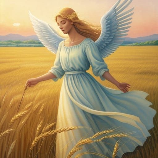 Ethereal Angel Gathering Wheat in Golden Light - AI Art