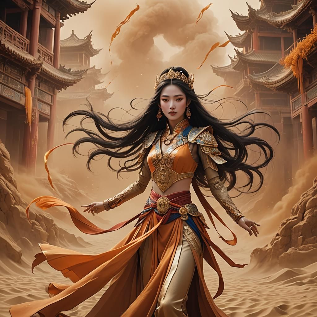 Long hair, beautiful girl. Princess Xianxia dancer in light orange and ...